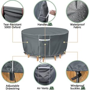 Patio Furniture Covers, Waterproof Outdoor Furniture Cover, 110" Dia x 28" H, 500D Tough Round Patio Table Covers, All Weather Protection Large Covers for Patio Furniture Set -Grey