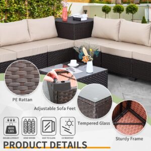 WAROOM Patio PE Wicker Furniture Set 6 Piece Outdoor Brown Rattan Sectional Loveseat Couch Conversation Sofa Chair with Storage Box and Glass Top Coffee Table, Non-Slip Khaki Cushion