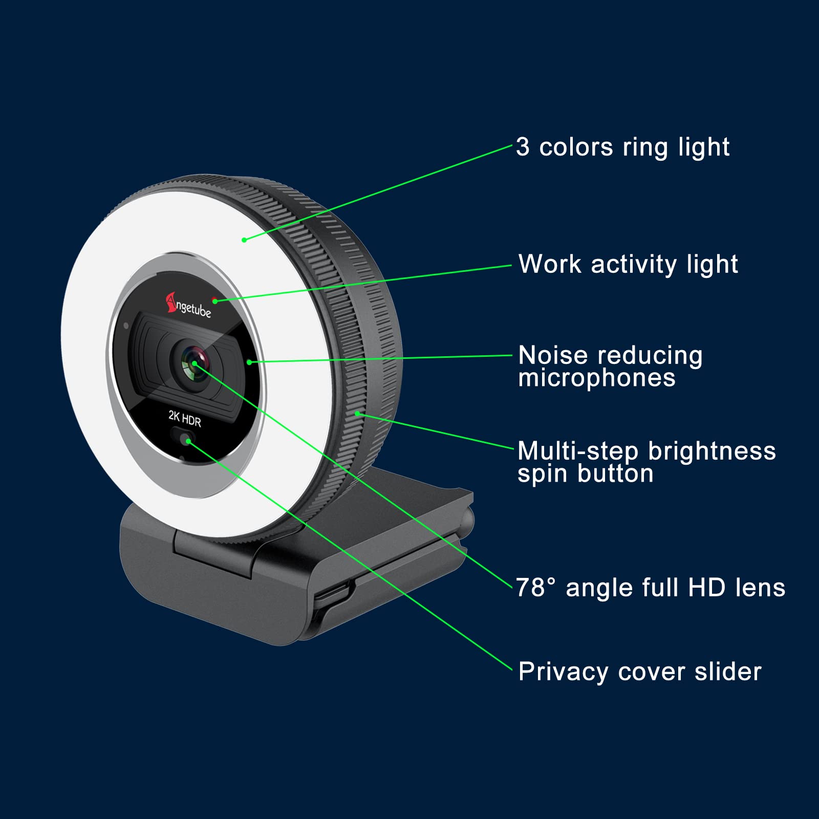 Angetube Webcam, 2K Streaming Webcam with Ring Light, HDR Laptop Camera with Remote, Dual Stereo Microphone and Privacy Cover, Auto Focus 5X Zoom in, Computer Camera for Zoom/Skype/Teams/Webex