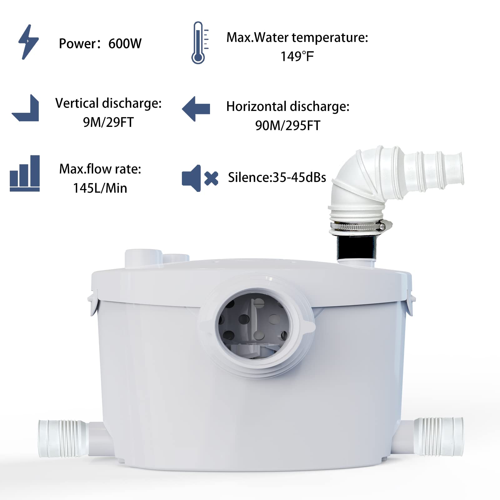 Simple Project 600 Watt Macerating Toilet With Pump, Upflush Toilet For Basement Toilet System, With 4 Water Inltes For Bathroom, Shower, Laundry (Two Piece Toilet)