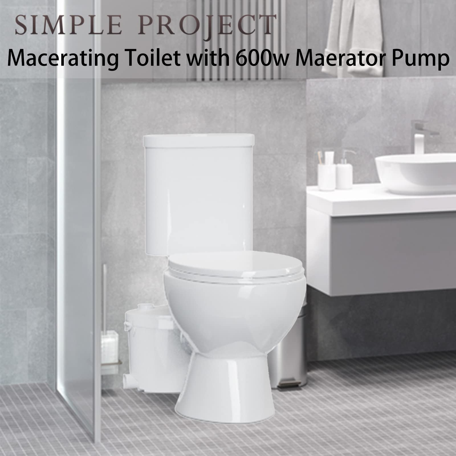 Simple Project 600 Watt Macerating Toilet With Pump, Upflush Toilet For Basement Toilet System, With 4 Water Inltes For Bathroom, Shower, Laundry (Two Piece Toilet)