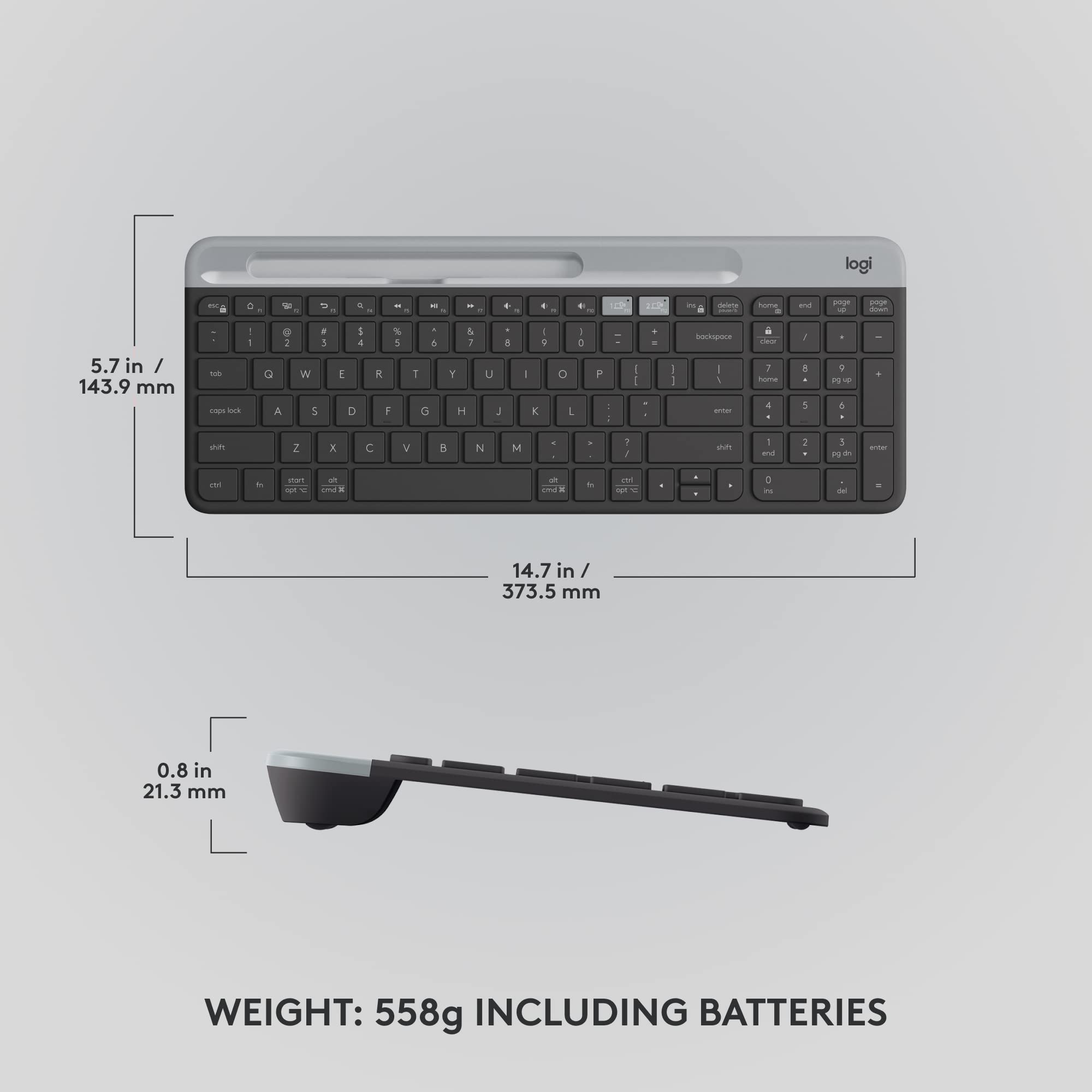 Logitech K585 Multi-Device Slim Wireless Keyboard, Built-in Cradle for Device; for Laptop, Tablet, Desktop, Smartphone, Win/Mac, Bluetooth/Receiver, Compact, Easy Switch, 24 Month Battery - Graphite