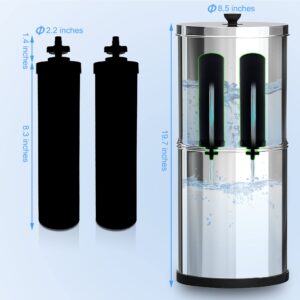 Shurex 2.25 Gal Stainless-Steel Tank Gravity-fed Water Filter System with 2 Black Elements Filters and Stainless-Steel Spigot, Countertop Filtration System for Home, Camping, RV, Fishing