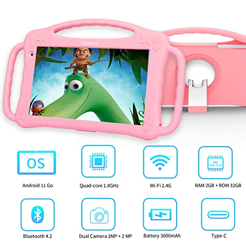 Azeyou 7 inch Android 11.0 Tablet for Kids, 2GB RAM 32GB ROM Toddler Tablet with Bluetooth, WiFi, Dual Camera, Shockproof Case, Kids APPs Pre-Installed, Parental Control, K10 Tablet Pink