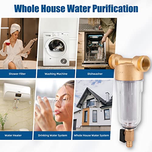 Filterelated Reusable Whole House Spin Down Sediment Water Filter,50 Micron Flushable Prefilter Filtration, 1" MNPT + 3/4" FNPT + 3/4"MNPT, Lead-Free Brass,BPA Free