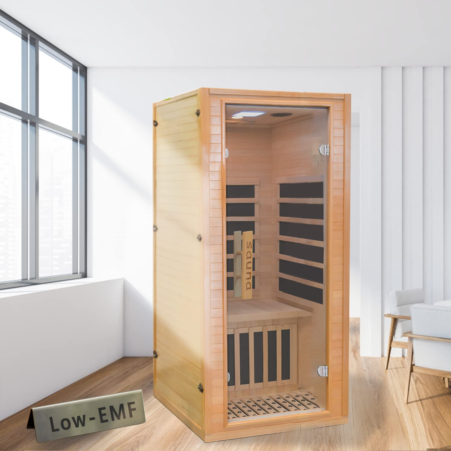 Low EMF Infrared Home Sauna，Personal Outdoor Indoor Heaters Saunas Wood Tiny Dry Barrel Snfared at Home Sauna Room Allwood for Men Women，Bluetooth ，LCD Display-Control，Canadian Hemlock