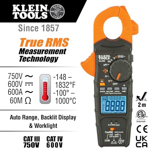 Klein Tools CL445 HVAC Clamp Meter, Auto-Ranging TRMS, NCVT, Measures Voltage, Current, Temperature, Micro Amps, InRush and More 1 1/2-Inch Jaw