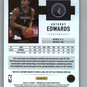 2020-21 Panini Chronicles #607 Anthony Edwards RC Rookie Minnesota Timberwolves NBA Basketball Trading Card