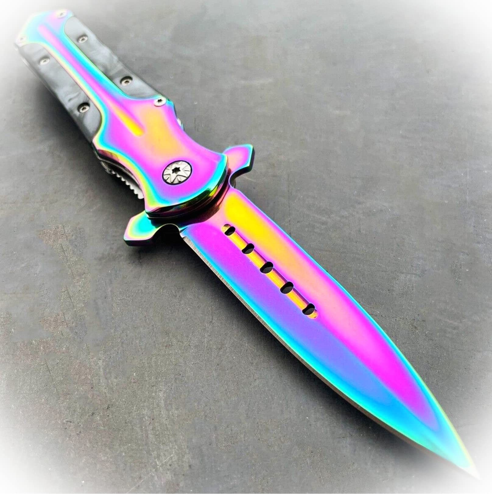 New 8.2" Rainbow Titanium Fade Spring Assisted Open Folding Pocket Knife w/ Black Camping Outdoor Pro Tactical Elite Knife BLDA-0238