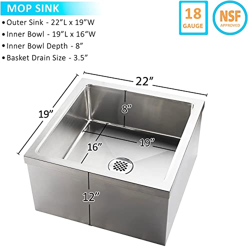 Commercial Stainless Steel Floor Mop Sink 19" x 22" x 12"