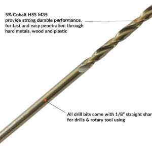 NordWolf 8-Piece M35 Cobalt Multi-Purpose Drill Bit Set, with 1/8" Straight Round Shank for Rotary Tools, SAE Sizes 1/32"(x2)-3/64"-1/16"-5/64"-3/32"-7/64"-1/8" in Storage Case