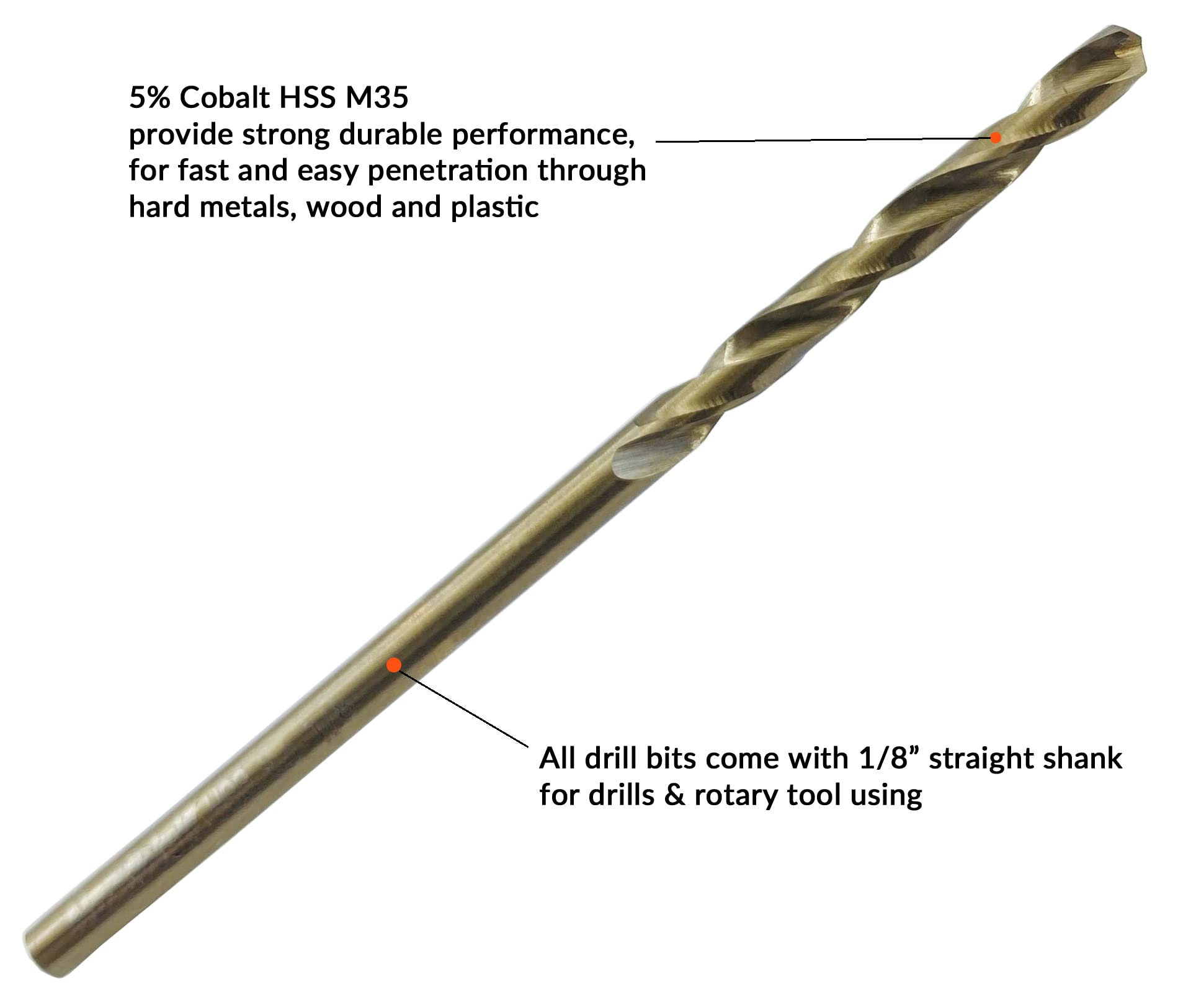 NordWolf 8-Piece M35 Cobalt Multi-Purpose Drill Bit Set, with 1/8" Straight Round Shank for Rotary Tools, SAE Sizes 1/32"(x2)-3/64"-1/16"-5/64"-3/32"-7/64"-1/8" in Storage Case