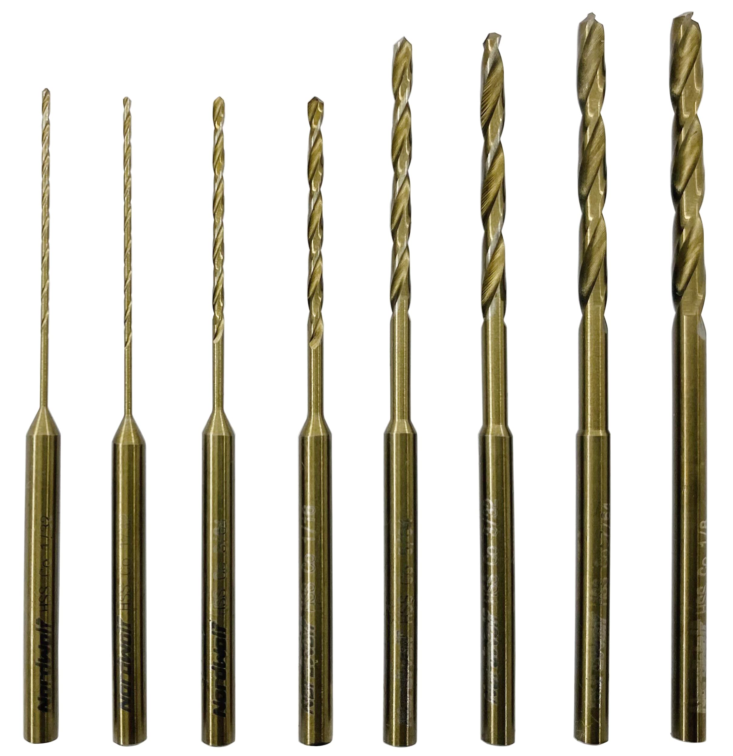 NordWolf 8-Piece M35 Cobalt Multi-Purpose Drill Bit Set, with 1/8" Straight Round Shank for Rotary Tools, SAE Sizes 1/32"(x2)-3/64"-1/16"-5/64"-3/32"-7/64"-1/8" in Storage Case