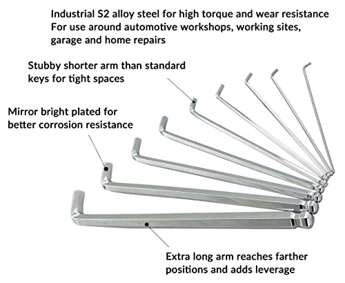 NordWolf 9-Piece Metric Ball End Stubby Allen Wrench Set, Long Arm S2 Steel Hex L-Keys, Sizes 1.5mm to 10mm