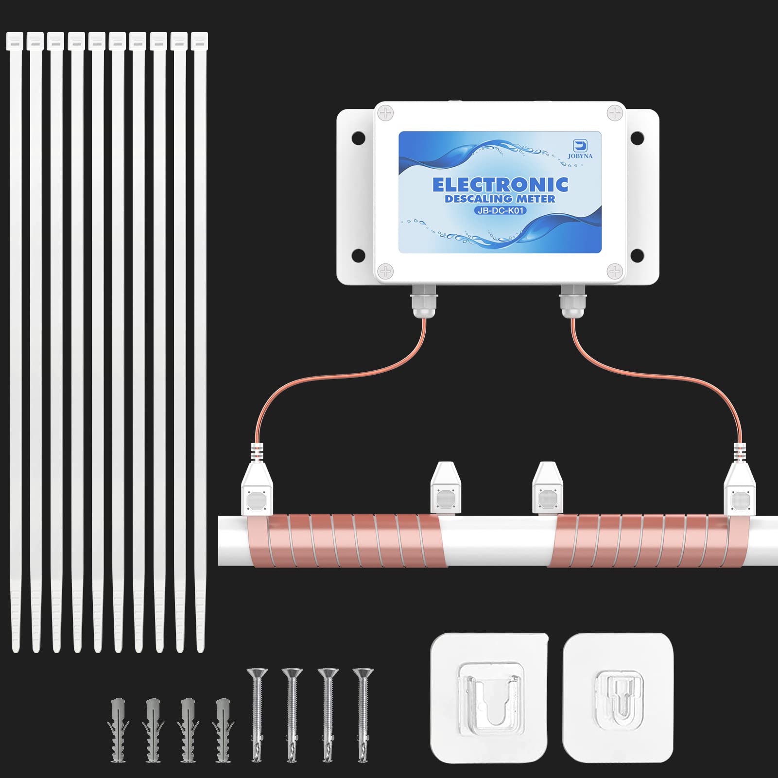 JOBYNA Electronic Water Descaler System, Alternative Chemical and Salt Free Water Softener Systems Whole House, Prevents Scale Build-up in Pipe, 3 Installation Methods, Works with All Pipes