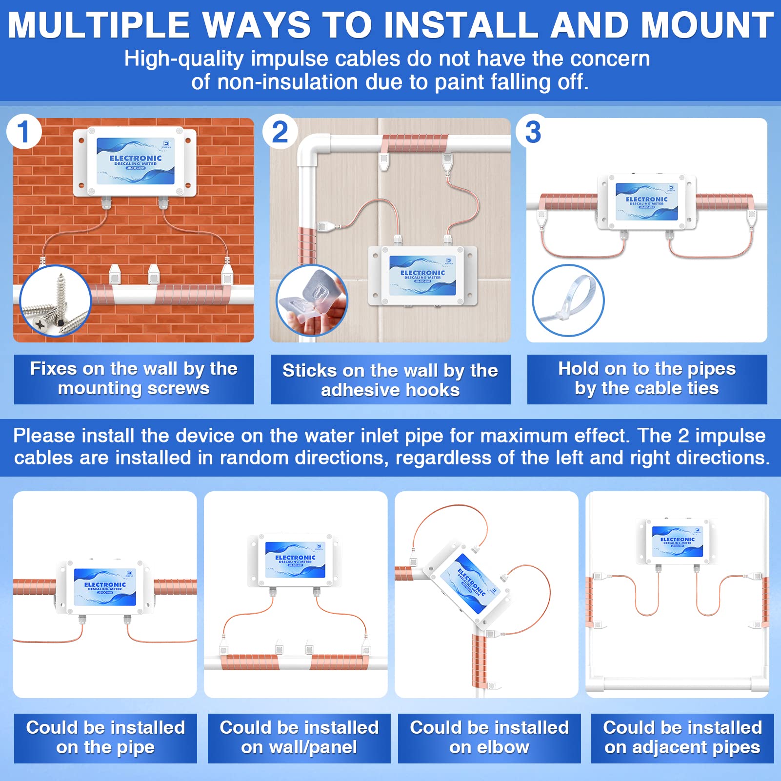 JOBYNA Electronic Water Descaler System, Alternative Chemical and Salt Free Water Softener Systems Whole House, Prevents Scale Build-up in Pipe, 3 Installation Methods, Works with All Pipes