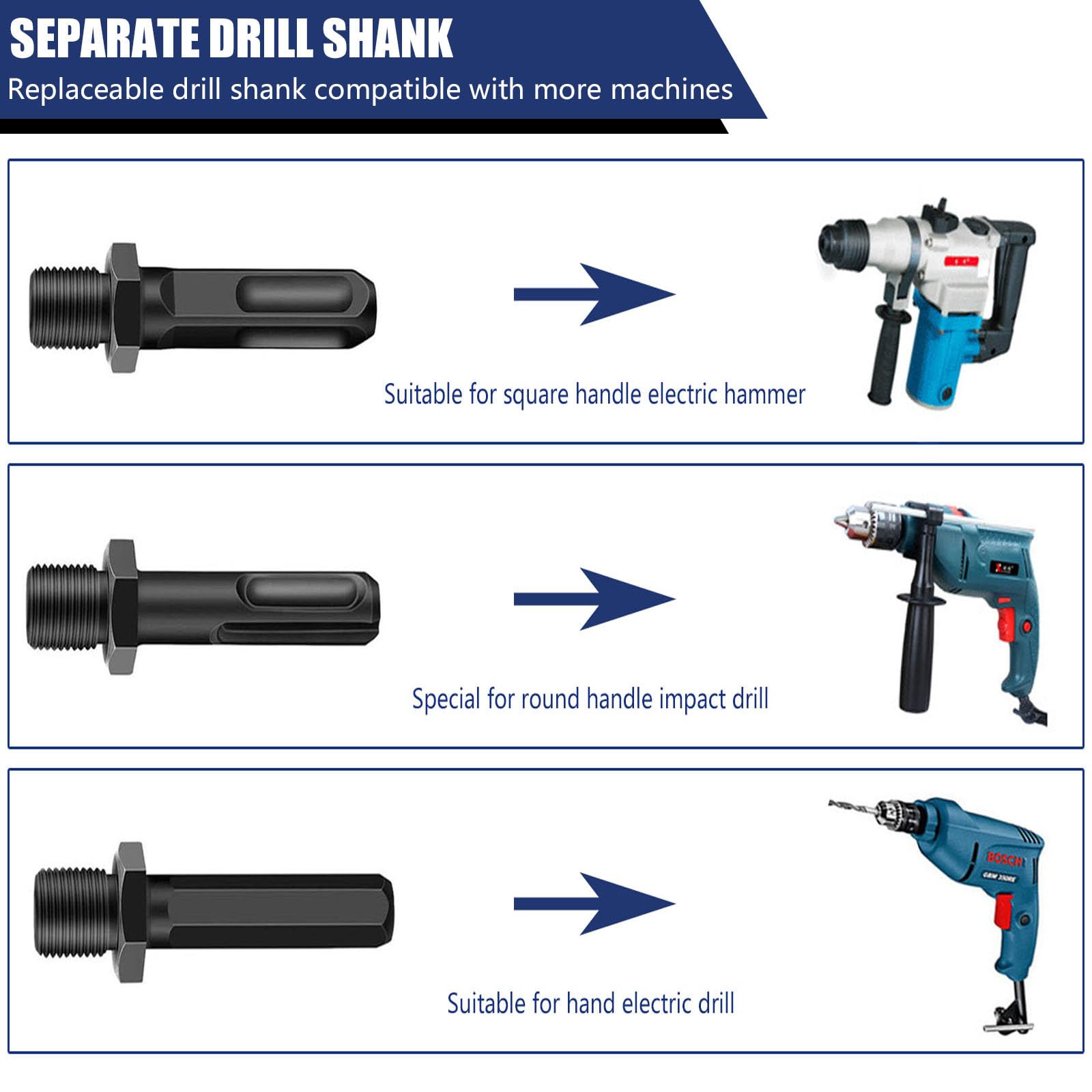 Jarmunny Removable Firewood Drill Bit Wood Splitter, Wood Splitter Drill Bits, Log Splitter Drill Bit, Heavy Duty Drill Screw Cone Driver for Hand Drill Stick-hex + Square + Round (42MM)