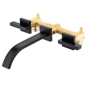 brass wall faucet matte black wall mounted bathroom faucet, wall mount bathroom sink faucet, dual lever handle, rough-in valve included, pt001-mb