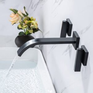 Brass Wall Faucet Matte Black Wall Mounted Bathroom Faucet, Wall Mount Bathroom Sink Faucet, Dual Lever Handle, Rough-in Valve Included, Pt001-MB