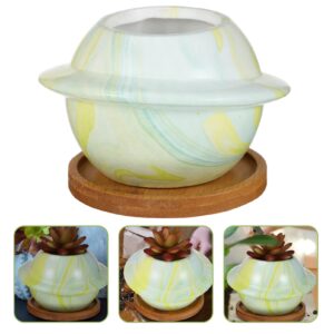 African Violet Pots Ceramic Succulent Planters with Drainage 1 Set Round Ceramic Bonsai Pot Shallow Flower Pot with Wood Tray Floral Planter Bowl for Home Office Garden Green Home Decor