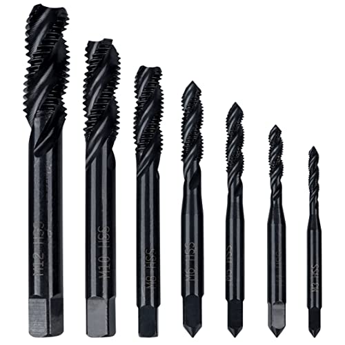 Yakamoz 7 Pcs Nitriding Coated Spiral Flute Tap Set Metric Thread Taps M3 M4 M5 M6 M8 M10 M12 Machine Screw Tap and Drill Tapping Threading Tool