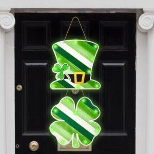 bucherry 2 pcs st patricks day lighted wooden door decorations 12" hat shamrock irish hanging welcome door sign, 2 pcs 3 ft 10 led fairy lights green battery operated lights st patricks day home decor