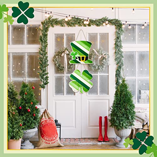 Bucherry 2 Pcs St Patricks Day Lighted Wooden Door Decorations 12" Hat Shamrock Irish Hanging Welcome Door Sign, 2 Pcs 3 ft 10 LED Fairy Lights Green Battery Operated Lights St Patricks Day Home Decor