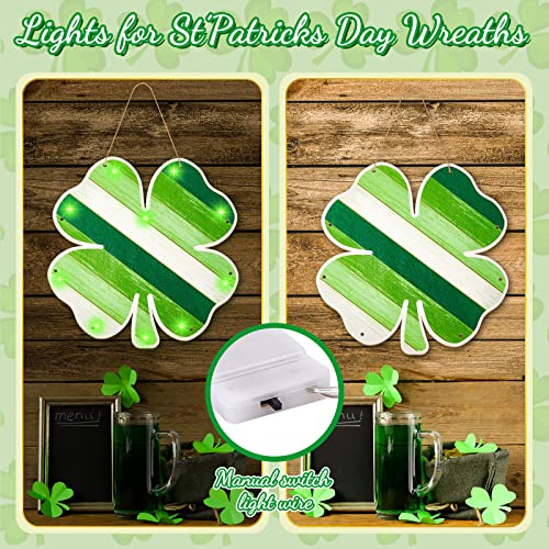 Bucherry 2 Pcs St Patricks Day Lighted Wooden Door Decorations 12" Hat Shamrock Irish Hanging Welcome Door Sign, 2 Pcs 3 ft 10 LED Fairy Lights Green Battery Operated Lights St Patricks Day Home Decor