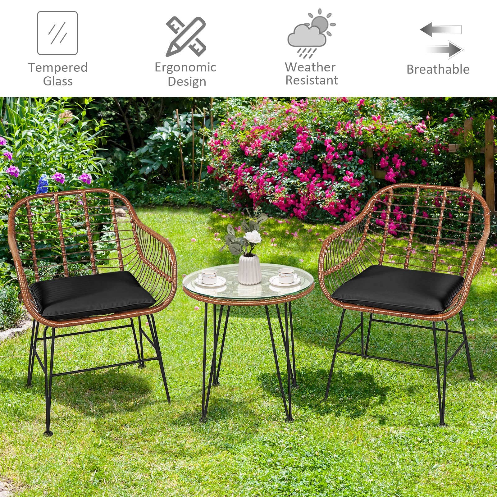 Tangkula 3 Pieces Patio Conversation Bistro Set, Outdoor Wicker Furniture w/Round Tempered Glass Top Table & 2 Rattan Armchairs, Bistro Chat Set w/Seat Cushions for Porch, Backyard (Black)