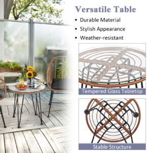 Tangkula 3 Pieces Patio Conversation Bistro Set, Outdoor Wicker Furniture w/Round Tempered Glass Top Table & 2 Rattan Armchairs, Bistro Chat Set w/Seat Cushions for Porch, Backyard (Black)