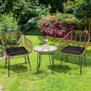 Tangkula 3 Pieces Patio Conversation Bistro Set, Outdoor Wicker Furniture w/Round Tempered Glass Top Table & 2 Rattan Armchairs, Bistro Chat Set w/Seat Cushions for Porch, Backyard (Black)