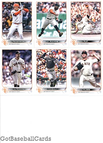 2022 Topps Update Baseball San Francisco Giants Team Set of 13 Cards: Logan Webb(#US9), Heliot Ramos(#US17), Camilo Doval(#US30), Jake McGee(#US63), Jason Krizan(#US65), Carlos Rodon(#US86), Curt Casali(#US94), Darin Ruf(#US106), Joc Pederson(#US141), Hel