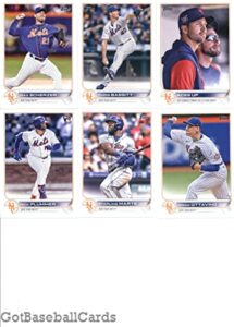 2022 topps update baseball new york mets team set of 9 cards: max scherzer(#us1), luis guillorme(#us107), travis jankowski(#us125), adam ottavino(#us181), seth lugo(#us185), starling marte(#us214), nick plummer(#us247), jacob degrom/max scherzer(#us288),