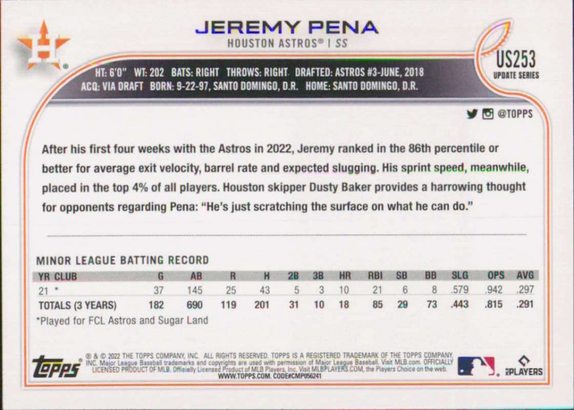 2022 Topps Update #US253 Jeremy Pena NM-MT RC Rookie Houston Astros Baseball