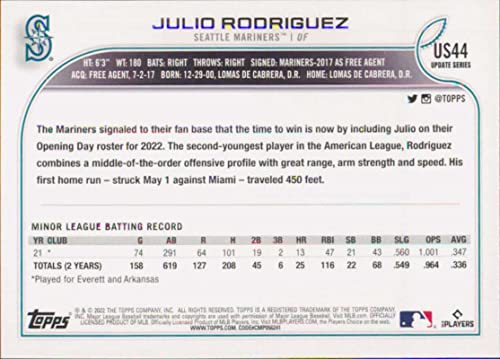 2022 Topps Update #US44 Julio Rodriguez NM-MT RC Rookie Seattle Mariners Baseball