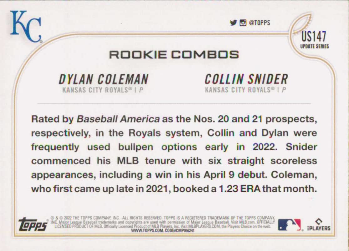 2022 Topps Update #US147 Collin Snider/Dylan Coleman NM-MT RC Rookie Kansas City Royals Baseball