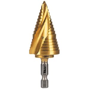 klein tools 25961 step drill bit, 7/8 to 1-1/8-inch, spiral double-fluted, cut thin metal, plastic, aluminum, wood, 1/4-inch hex shank, vaco