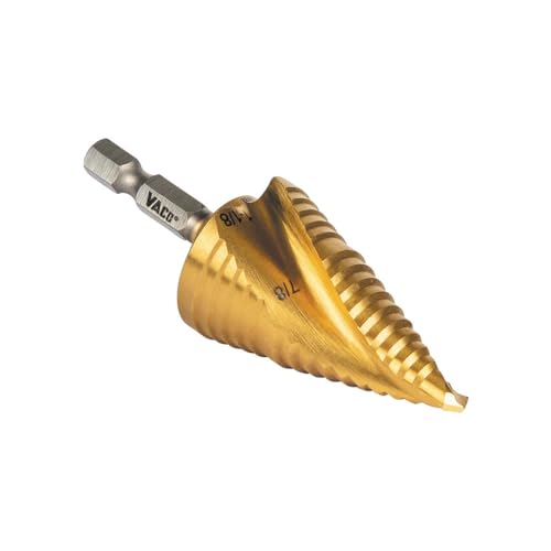 Klein Tools 25961 Step Drill Bit, 7/8 to 1-1/8-Inch, Spiral Double-Fluted, Cut Thin Metal, Plastic, Aluminum, Wood, 1/4-Inch Hex Shank, VACO