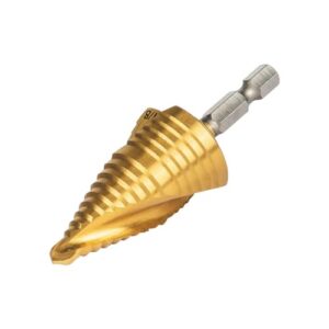 Klein Tools 25961 Step Drill Bit, 7/8 to 1-1/8-Inch, Spiral Double-Fluted, Cut Thin Metal, Plastic, Aluminum, Wood, 1/4-Inch Hex Shank, VACO