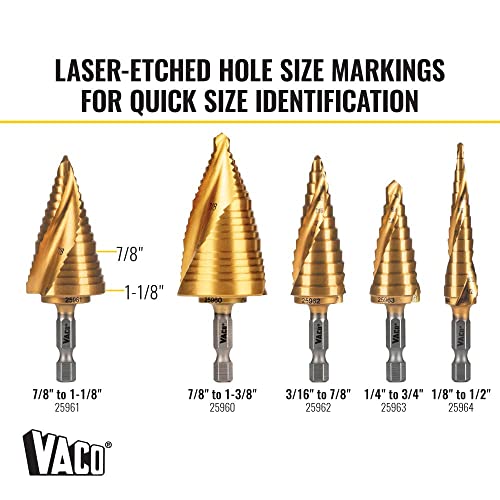 Klein Tools 25961 Step Drill Bit, 7/8 to 1-1/8-Inch, Spiral Double-Fluted, Cut Thin Metal, Plastic, Aluminum, Wood, 1/4-Inch Hex Shank, VACO