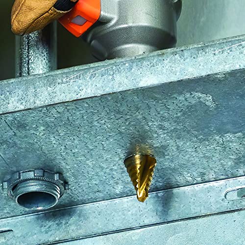 Klein Tools 25961 Step Drill Bit, 7/8 to 1-1/8-Inch, Spiral Double-Fluted, Cut Thin Metal, Plastic, Aluminum, Wood, 1/4-Inch Hex Shank, VACO