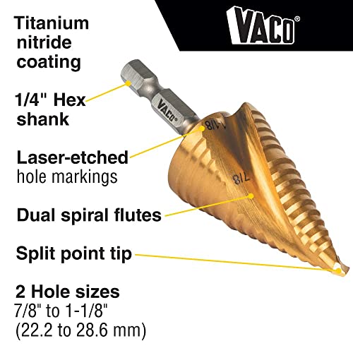 Klein Tools 25961 Step Drill Bit, 7/8 to 1-1/8-Inch, Spiral Double-Fluted, Cut Thin Metal, Plastic, Aluminum, Wood, 1/4-Inch Hex Shank, VACO