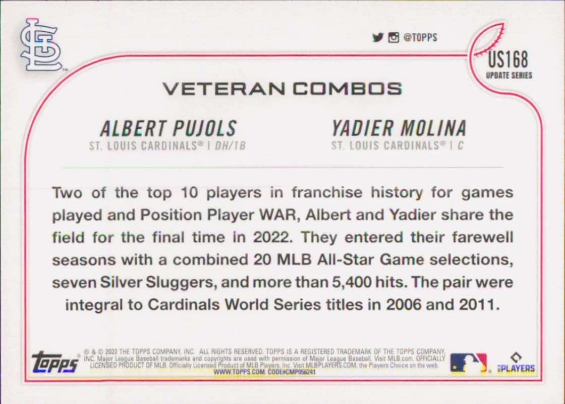 2022 Topps Update #US168 Yadier Molina/Albert Pujols NM-MT St. Louis Cardinals Baseball