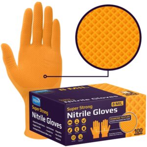 inspire heavy duty orange nitrile disposable gloves | ultra 8 mil diamond textured for secure grip food safe, industrial gloves disposable latex free mechanic gloves | nitrile gloves