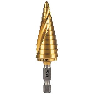 klein tools 25962 step drill bit, 3/16 to 7/8-inch, spiral double-fluted, cuts thin metal, plastic, aluminum, wood, 1/4-inch hex shank, vaco