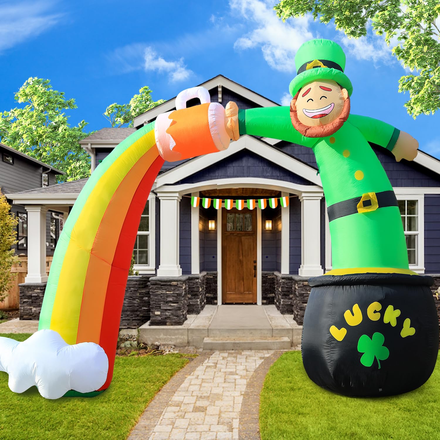 DomKom St Patricks Day Inflatable Decorations,7ft Giant Leprechaun Rainbow Arch with Gold Coin Pot,Built-in Bright LED Lights,in/Outdoor Lucky Day Holiday Lawn,Yard,Garden,Patio Décor