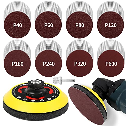 Pomsare 5 Inch Upgraded Hook and Loop Backing Pad with 80PCS Sanding Discs, Angle Grinder Attachments with 5/8-11, Drill Sanding Pad for Wood Sanding Polishing(40/60/80/120/180/240/320/600 Grit)