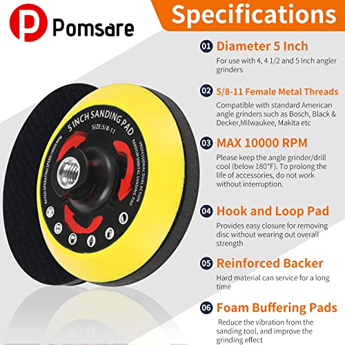 Pomsare 5 Inch Upgraded Hook and Loop Backing Pad with 80PCS Sanding Discs, Angle Grinder Attachments with 5/8-11, Drill Sanding Pad for Wood Sanding Polishing(40/60/80/120/180/240/320/600 Grit)