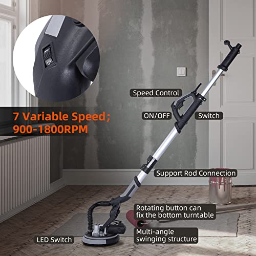 Drywall Sander, Towallmark 750W Electric Drywall Sander 7 Variable Speed 900-1800 RPM Sander with LED Light, 14 Pcs Sanding discs, Extendable Handle, Dust Hose, Storage Bag