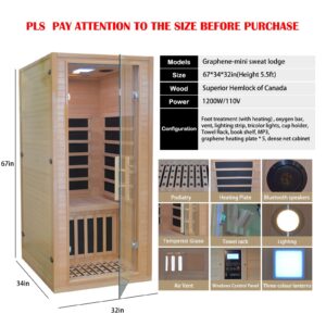 Infrared Home Sauna Room 1-2 Person Hemlock Wooden Indoor Sauna Spa，1200W/110V Low EMF Heaters,10 Minutes Pre-Warm up,Time and Temp Pre-Set, New Year Gifts